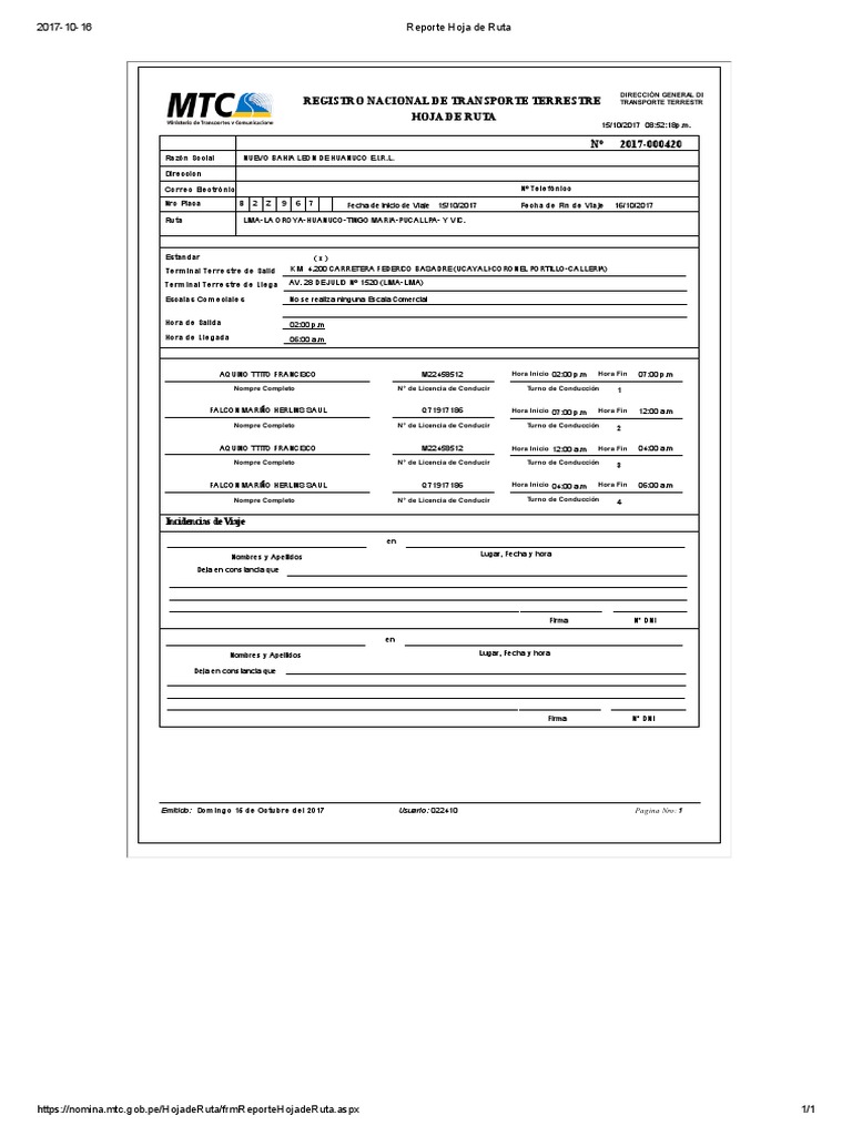 Reporte Hoja de Ruta | Transporte | Transporte por carretera