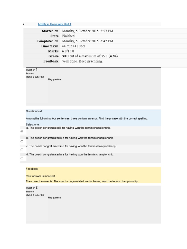 Activity 4. Homework Unit 1: Incorrect Mark 0.0 Out of 1.0 Flag ...