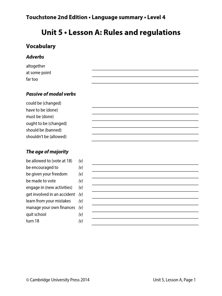 Unit 5 - Lesson A: Rules and Regulations: Touchstone 2nd Edition - Language Summary - Level 4 ...
