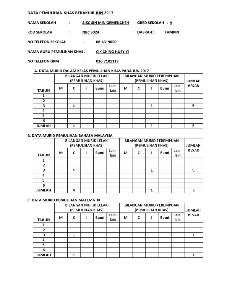 Borang Data Murid Pemulihan Khas JUN 2017 | PDF