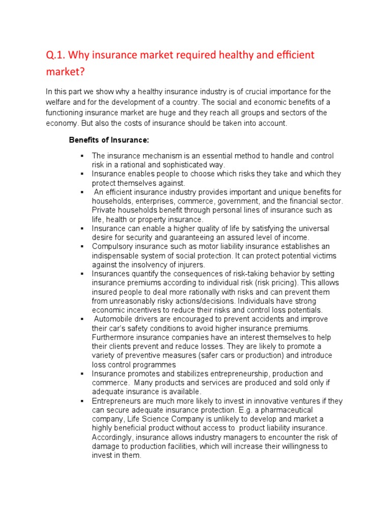 Q.1. Why Insurance Market Required Healthy and Efficient Market? | PDF ...