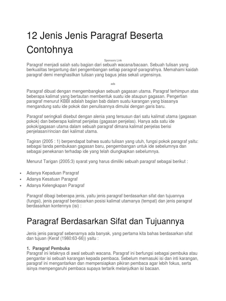 12 Jenis Jenis Paragraf Beserta Contohnya | PDF