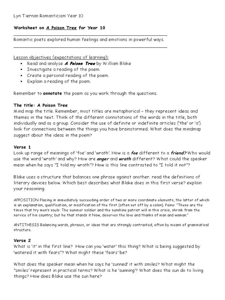 Worksheet Year 10 A Poison Tree | PDF | William Blake | Poetry
