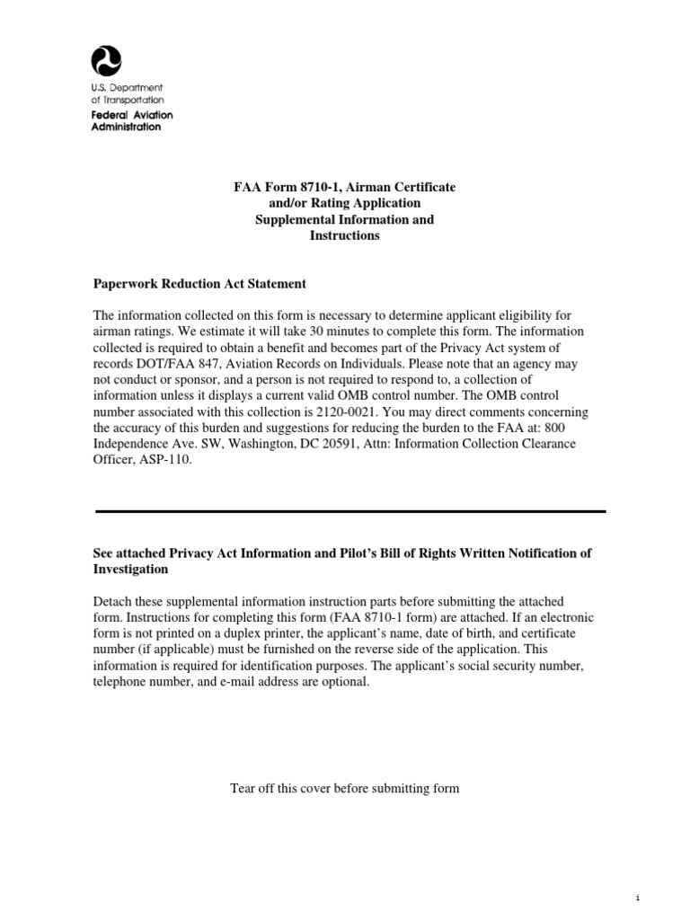 Faa Form 8710-1 Airman Certificate and or Rating Application Supplemental Information and ...