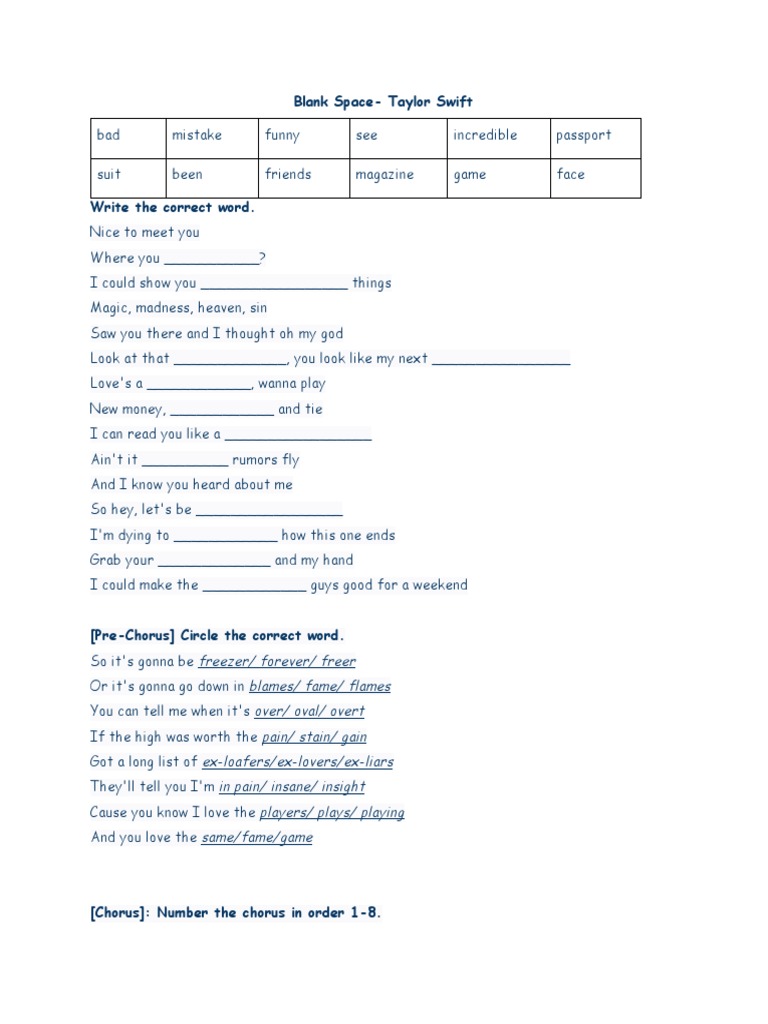 Blank Space - Taylor Swift (Exercise) | PDF | Taylor Swift | Songs