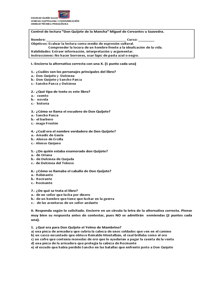 Prueba Del Quijote | PDF | Don Quijote | Don Quijote Personajes