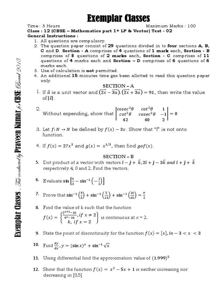 Class 12 Test 2 Maths | Download Free PDF | Euclidean Vector | Function ...