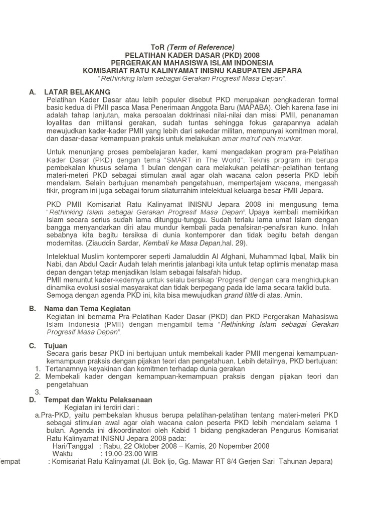 Contoh ToR Pelatihan Kader PMII | PDF