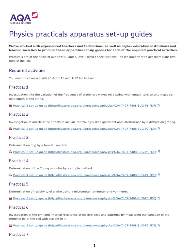AQA Physics Practicals Apparatus Set Up Guides | PDF | Inductor | Physical Quantities