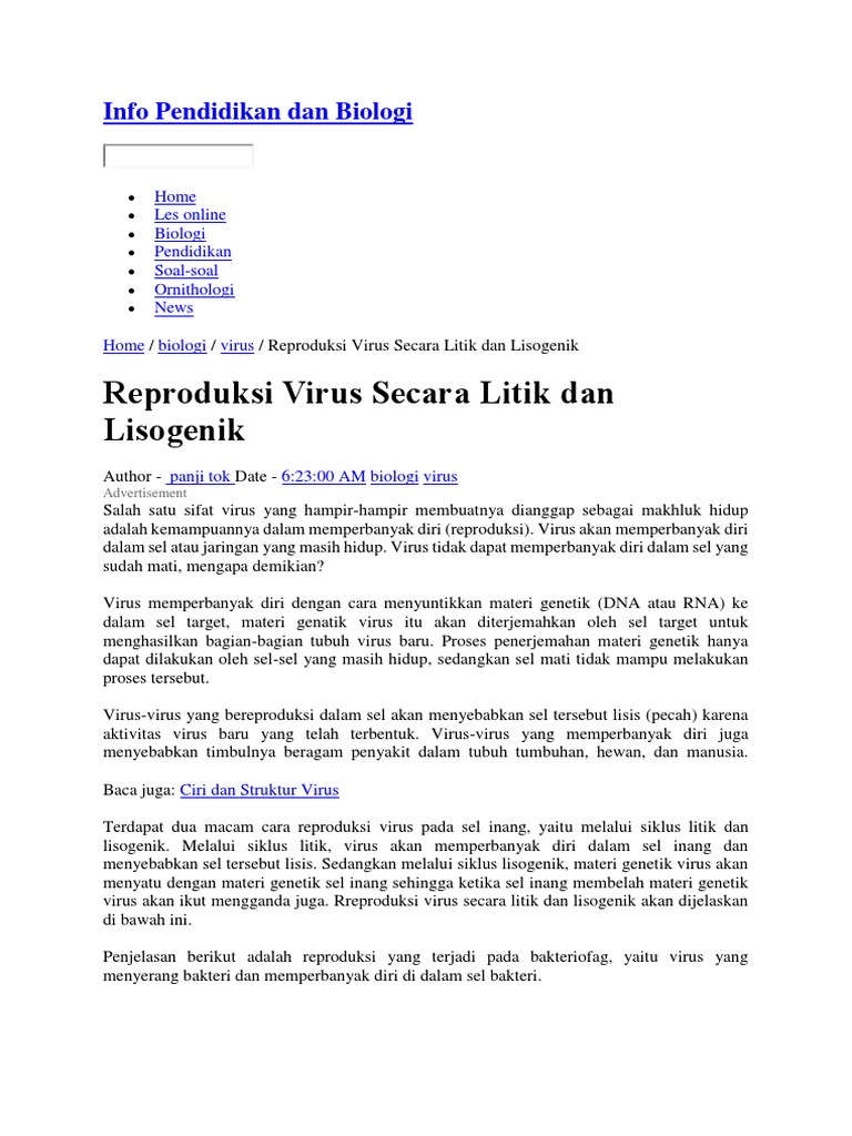 MEMAHAMI REPRODUKSI VIRUS MELALUI SIKLUS LITIK DAN LISOGENIK | PDF