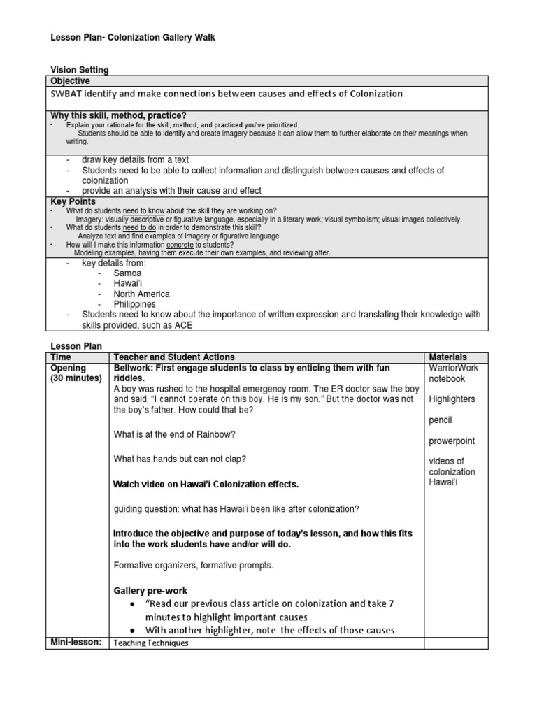 Colonization Gallery Walk Lesson Plan | PDF | Lesson Plan | Semiotics