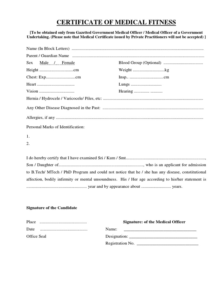 Medical Fitness Certificate Form | PDF | Health Care | Health Sciences