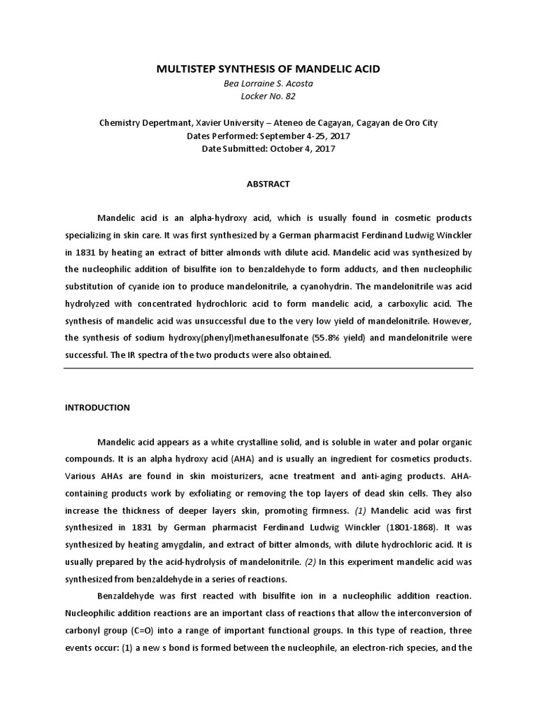 Synthesis of Mandelic Acid | PDF | Chemical Reactions | Nitrogen