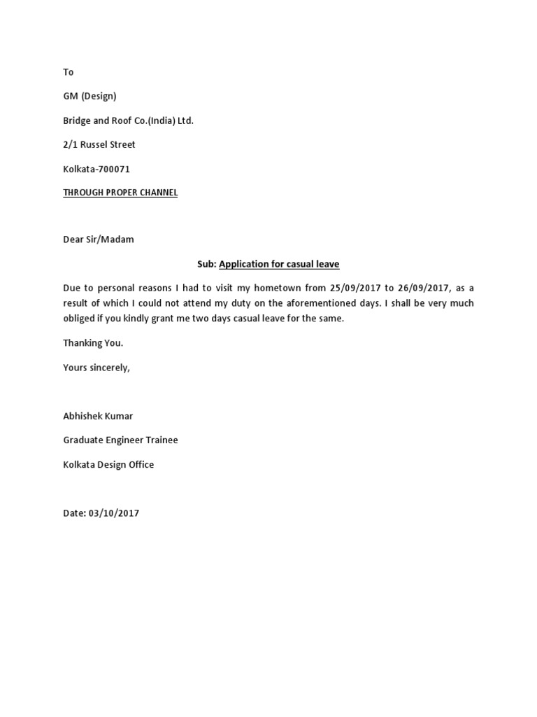 Through Proper Channel: Sub: Application For Casual Leave | PDF