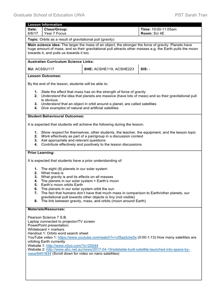 Orbits and Satellites Lesson Plan | PDF | Gravity | Orbit