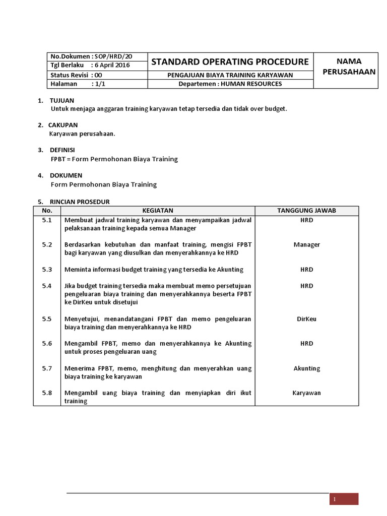 SOP Pengajuan Biaya Training Karyawan | PDF