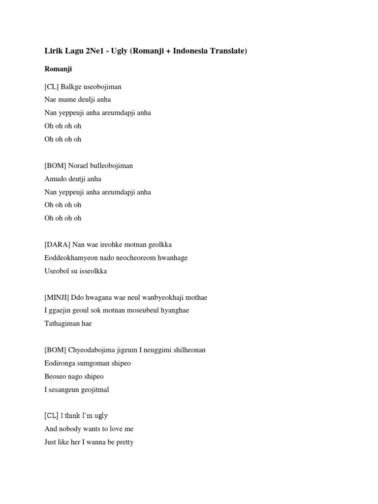 Lirik Lagu 2ne1 - Ugly (Romanji + Indonesia Translate) | PDF