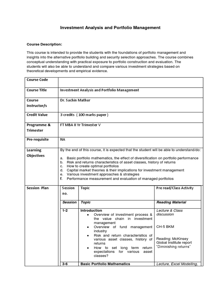 IAPM Course Outline - TrimV | PDF | Investment Management | Modern Portfolio Theory