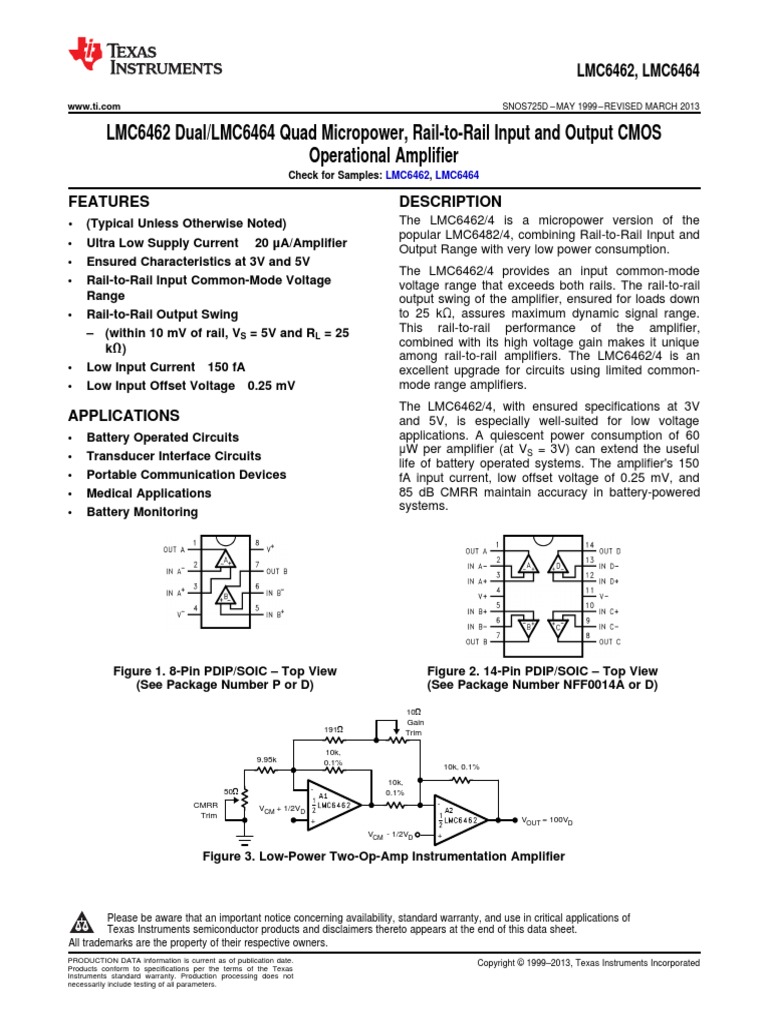 LMC6462 Dual/LMC6464 Quad Micropower, Rail-to-Rail Input and Output CMOS Operational Amplifier ...