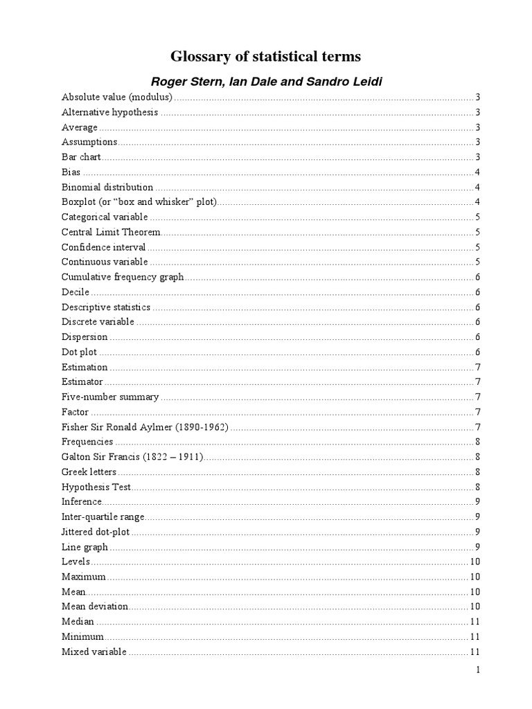 Glossary of Statistical Terms: Roger Stern, Ian Dale and Sandro Leidi ...