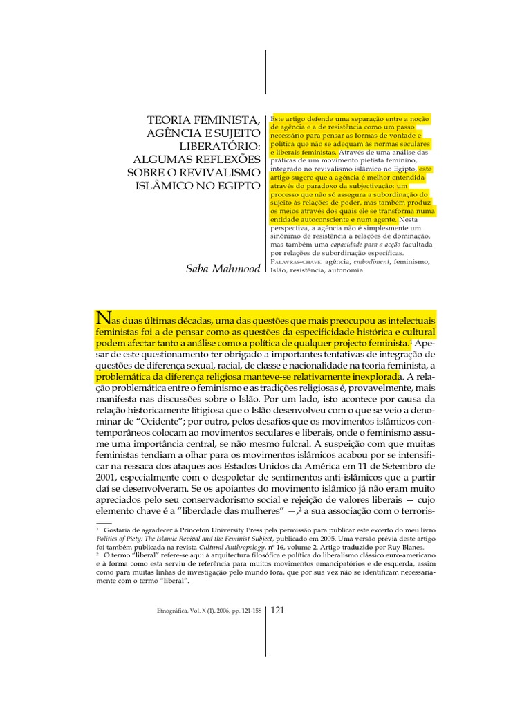 Análise de Beth Volio e Saba Mahmood | PDF | Feminismo | Estudos de Gênero