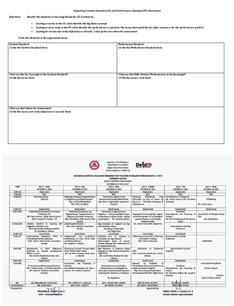 Unpacking Content and Performance Standards Worksheet | PDF