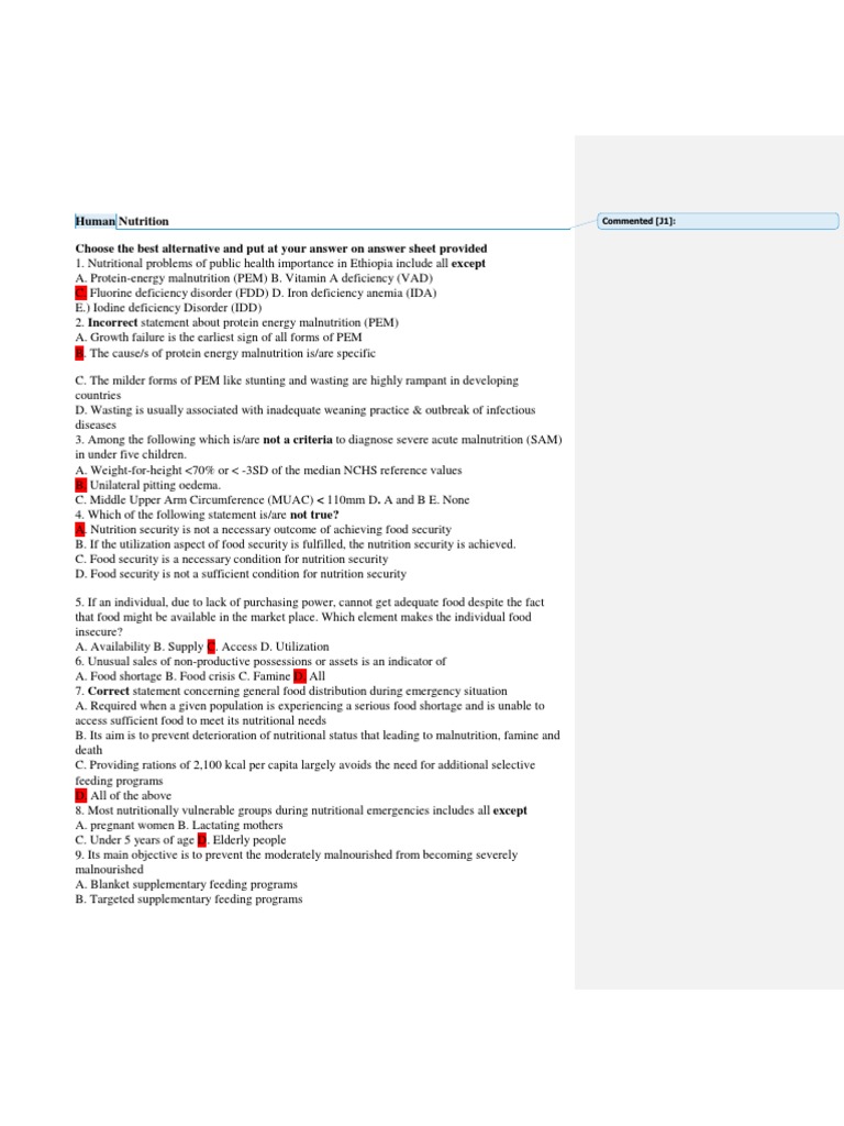 Human Nutrition Exam. | PDF | Malnutrition | Nutrients