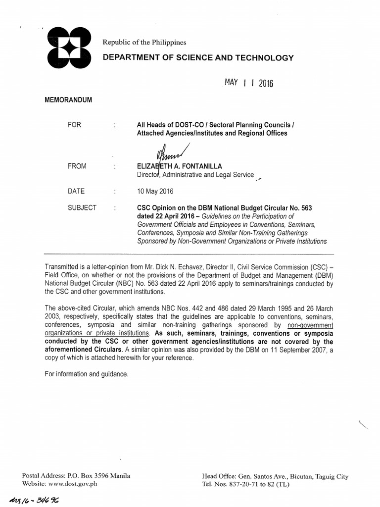CSC Opinion Onthe DBM Budget Circular No. 563 Dated 22 April 2016 ...