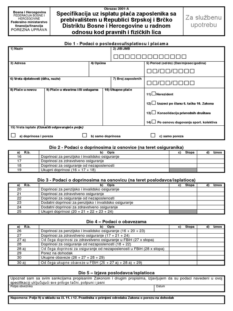 Obrazac 2001 A NOVI 1 | PDF