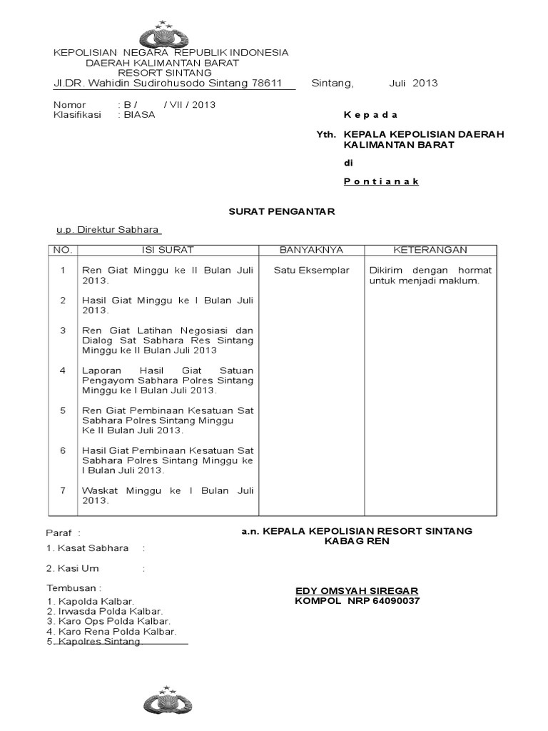Surat Pengantar TTD Kabag Ren | PDF