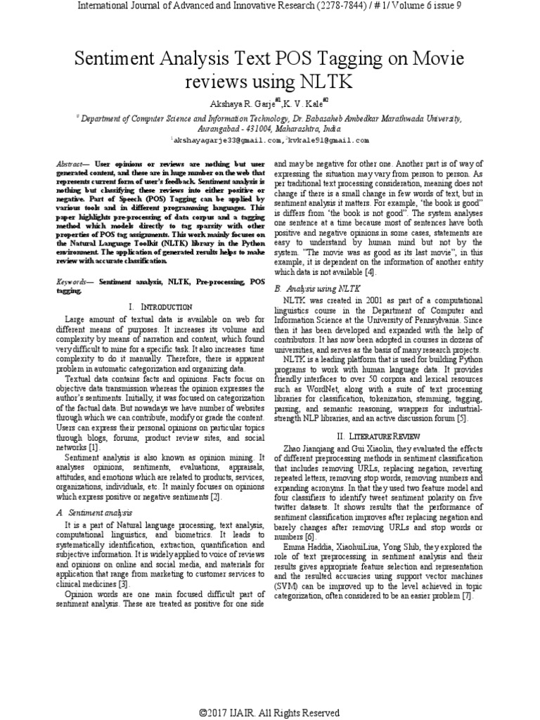 Sentiment Analysis Text POS Tagging On Movie Reviews Using NLTK | PDF ...