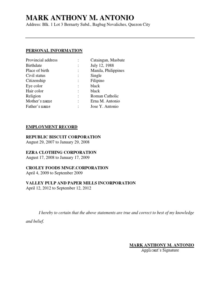 Mark Anthony M. Antonio: Personal Information | PDF