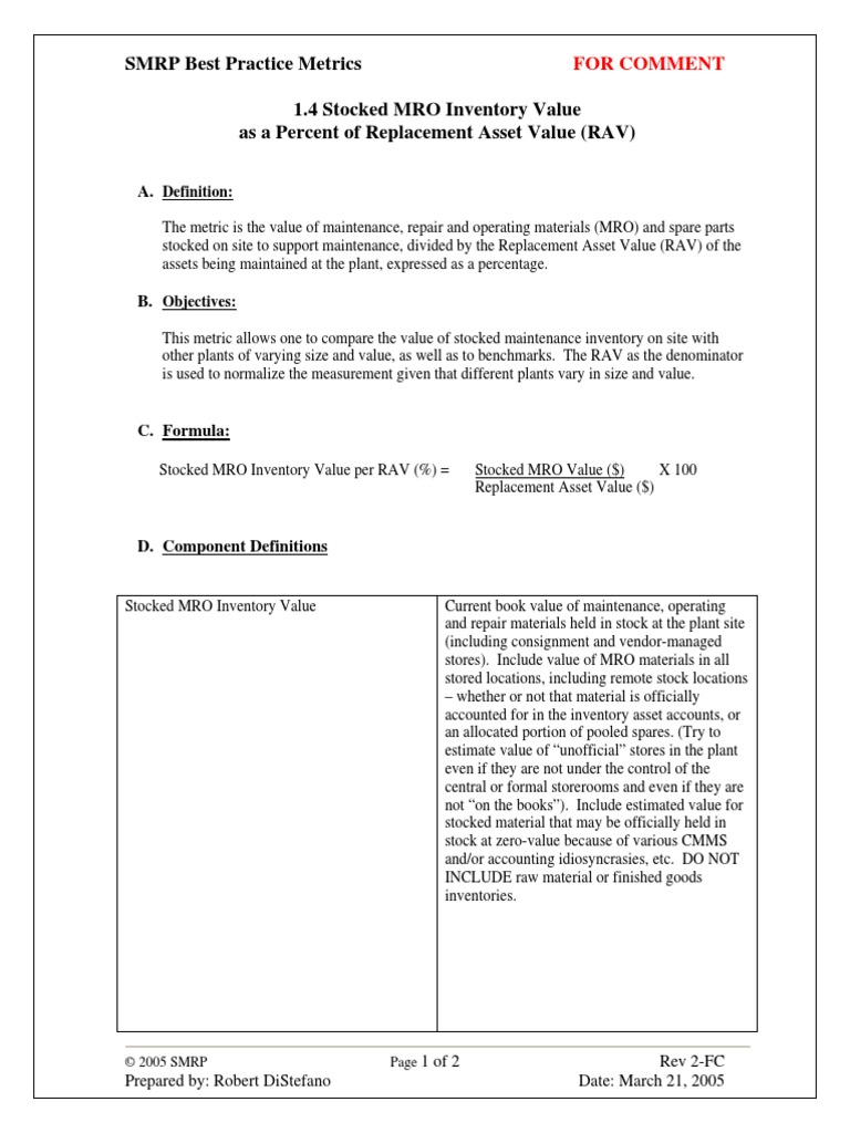 SMRP Metric 1.4 Stocked Value Per RAV 050321 FC | PDF | Inventory ...