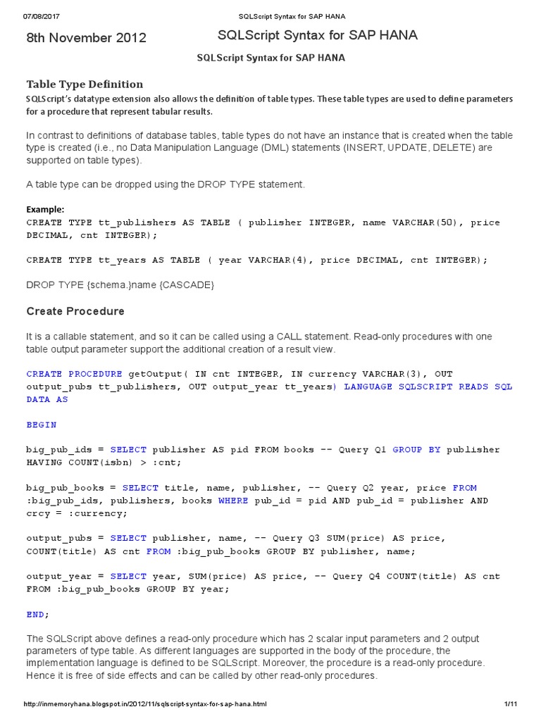 SQLScript Syntax For SAP HANA | PDF | Parameter (Computer Programming) | Subroutine