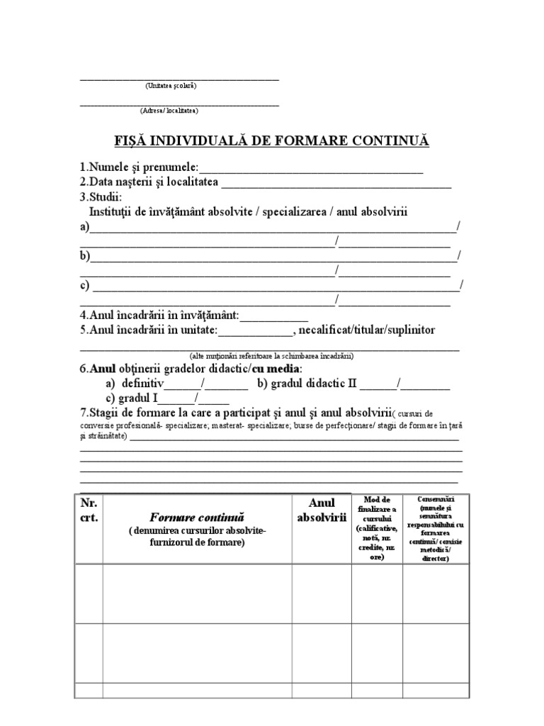 Fisa Individuala de Formare Continua - de Completat | PDF