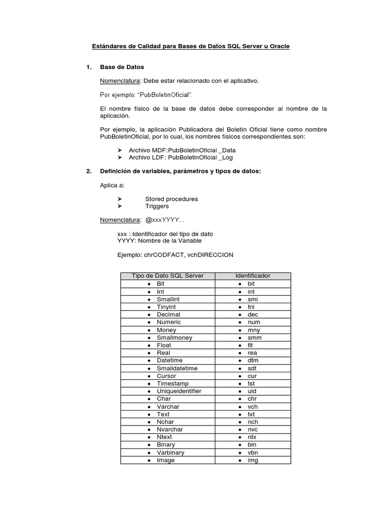 Estándares de Calidad para Bases de Datos SQL Server U Oracle | PDF ...