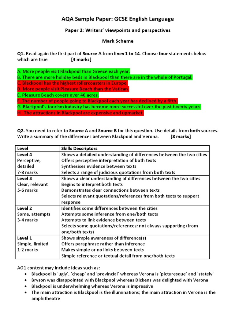 AQA English Language Sample Paper 2a Mark Scheme | PDF | Irony ...