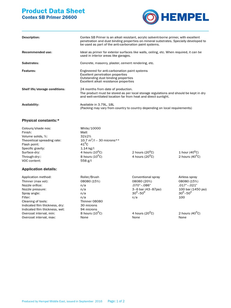 Pds Hempel's Contex SB Primer 26600 En-Gb | PDF | Paint | Building ...