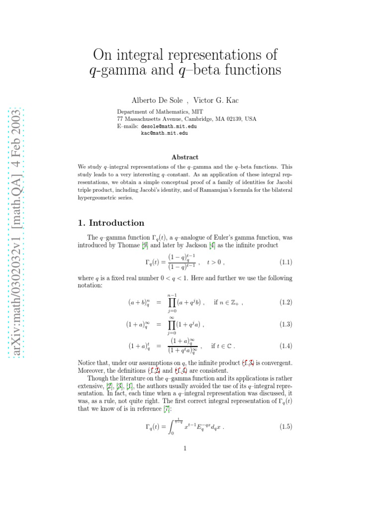 On Integral Representations of Q - Gamma and Q-Beta Functions | PDF | Integral | Exponential ...