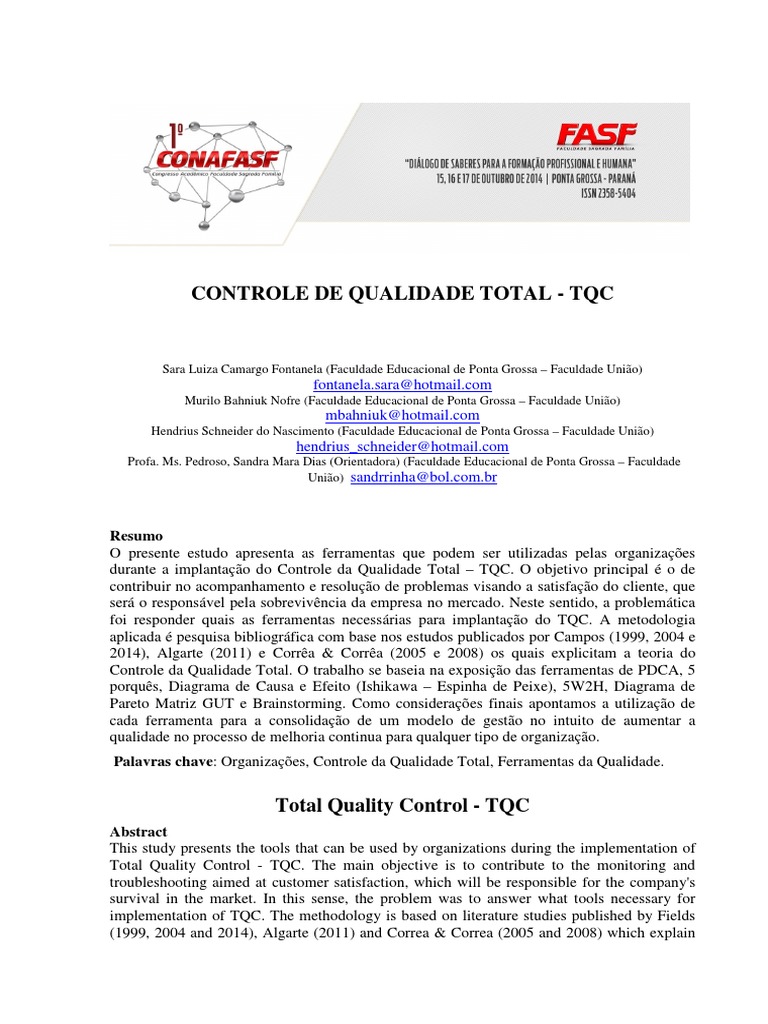 Ferramentas para implementação do Controle da Qualidade Total (TQC) e ...