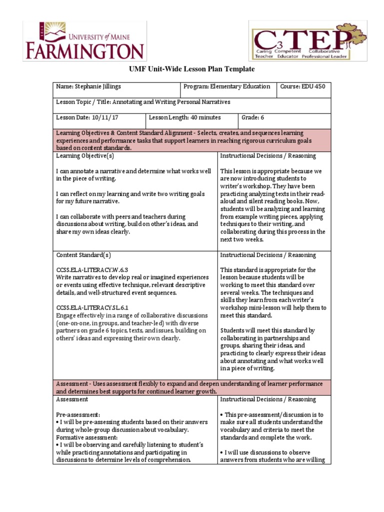 UMF Unit-Wide Lesson Plan Template | PDF | Educational Assessment ...
