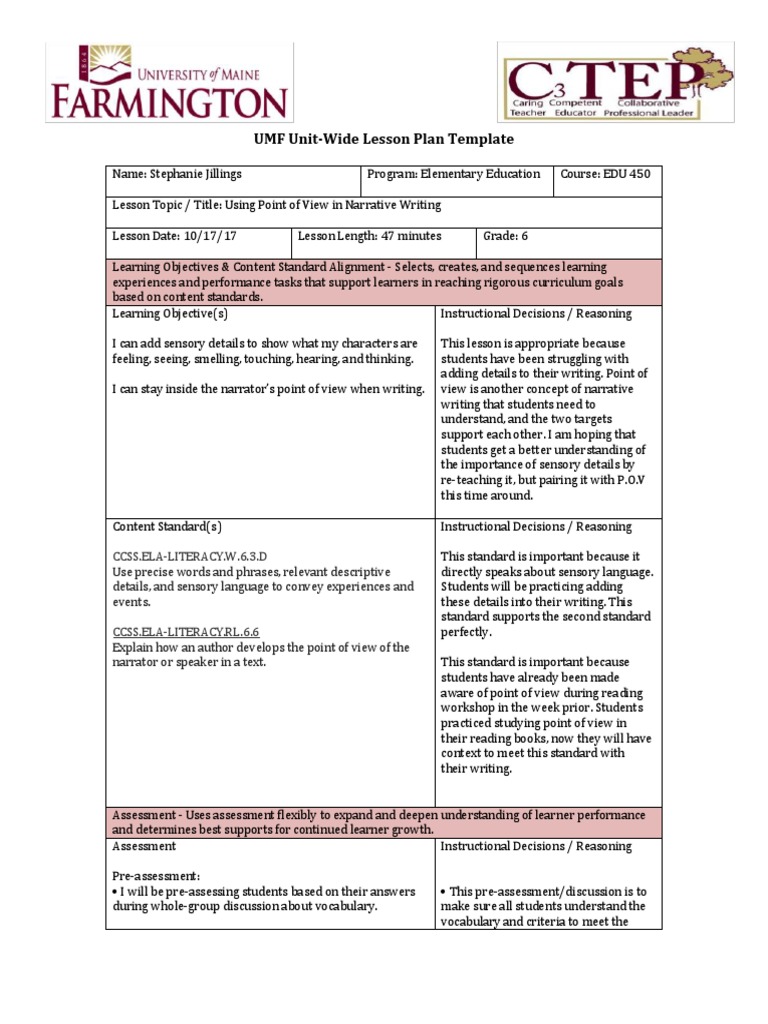 UMF Unit-Wide Lesson Plan Template: Ccss - Ela-Literacy.W.6.3.D | PDF ...