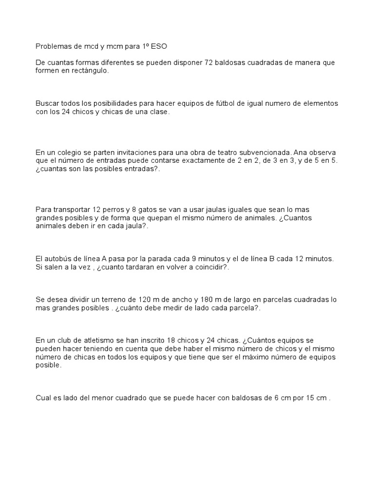 Problemas de MCD y MCM para 1º ESO | PDF
