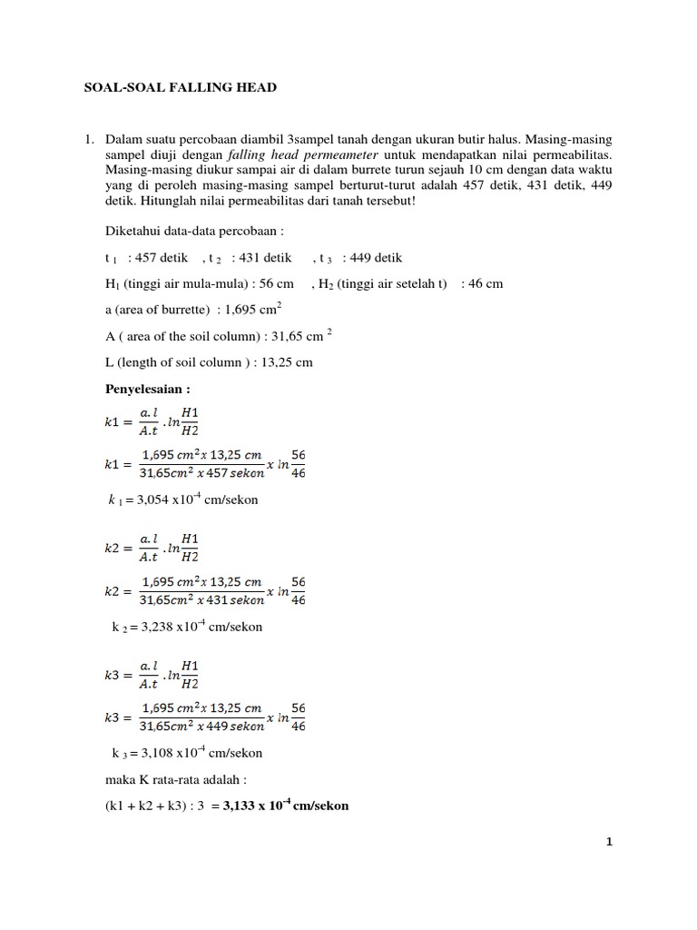 Soal Falling&Constant Head Rek - Air Tanah 2016 | PDF