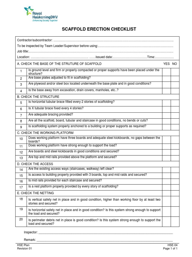 Scaffold Erection Checklist: HSE Plan Revision 01 HSE-04 Page 1 of 1 | Scaffolding