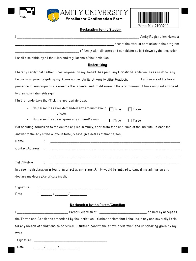 Amity University: Enrollment Confirmation Form | PDF | Common Law | Virtue