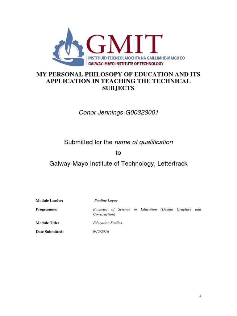 Conor Jennings-G00323001-Education Studies-Ca1-Philosophy Statement-Final Submission | PDF ...