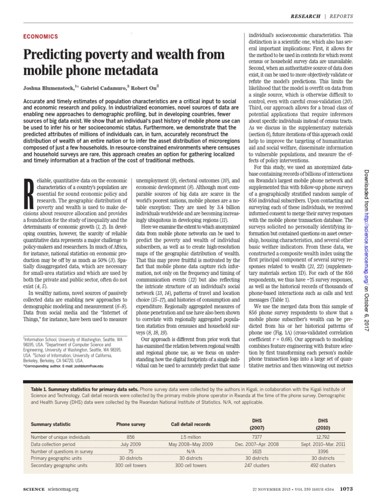 Predicting Poverty and Wealth From Mobile Phone Metadata: Joshua ...