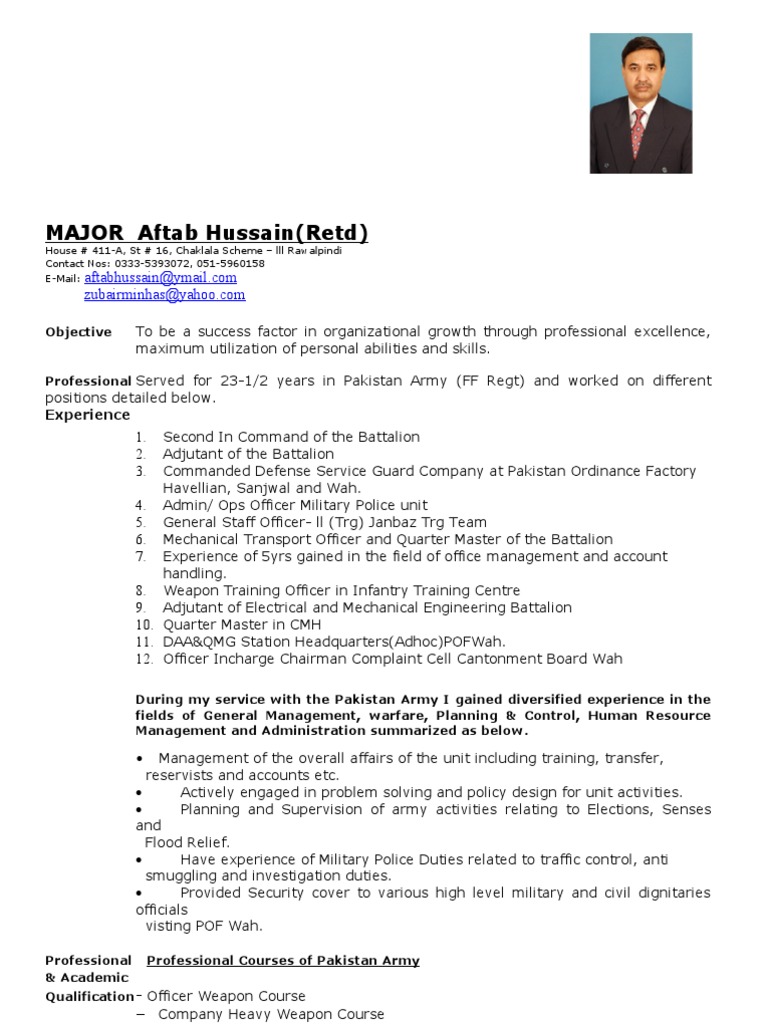 CV MAJOR Aftab Hussain | PDF | Pakistan Army | Military Police
