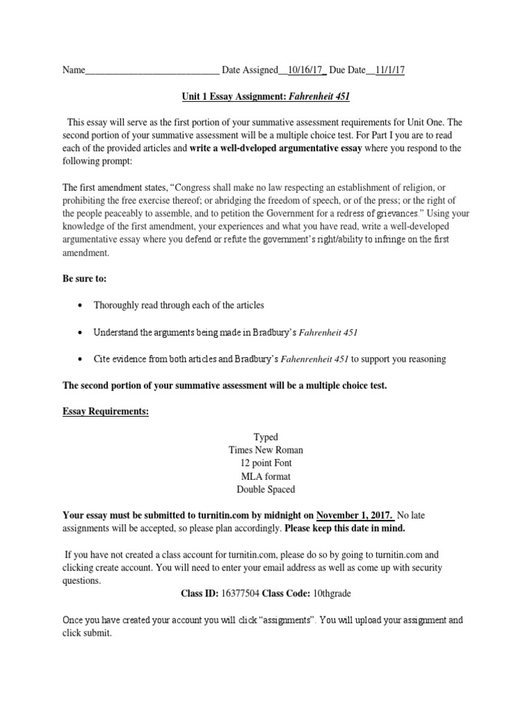 Unit 1 Fahrenheit 451 H Essay Assignment | PDF